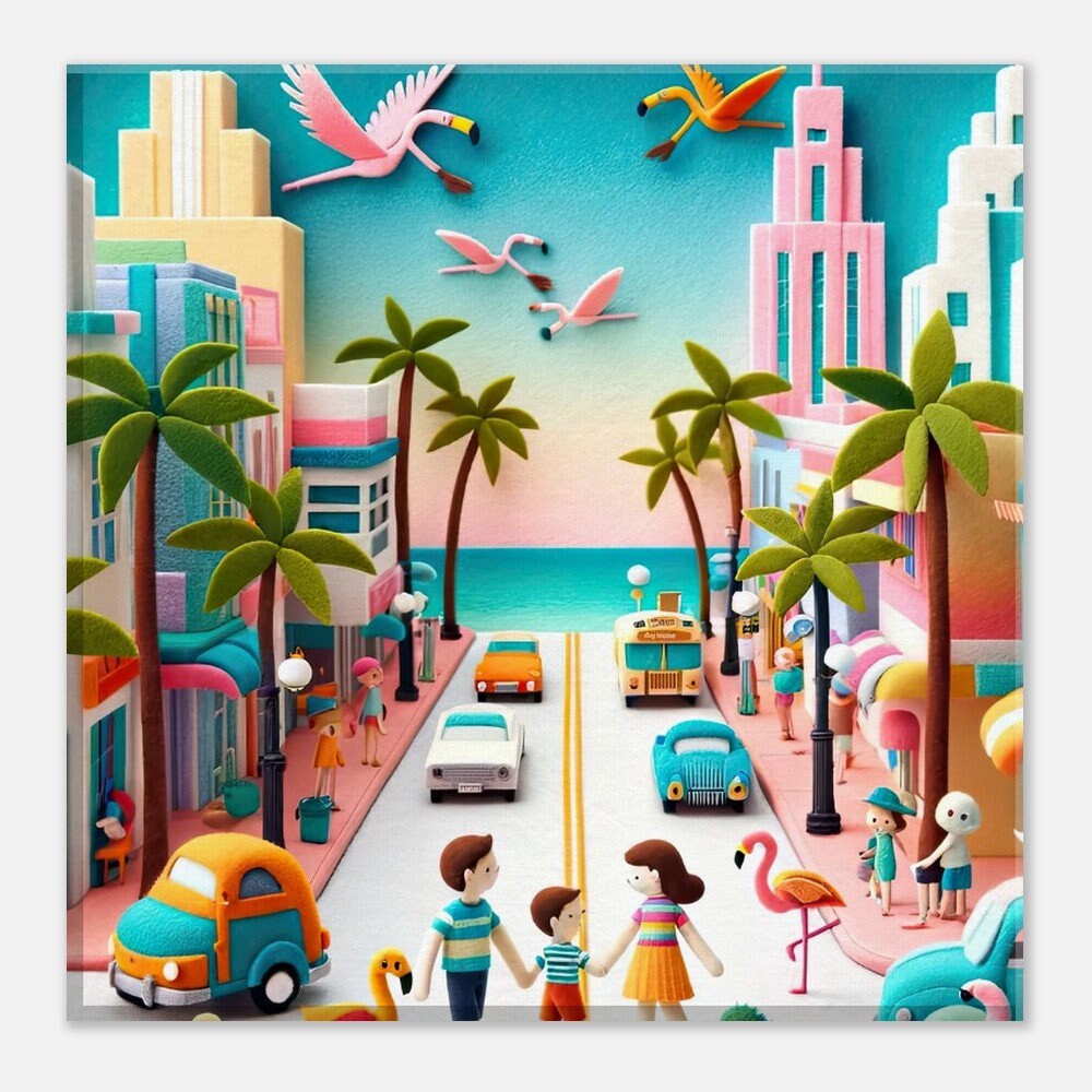 Whimsical Felt Diorama Stretched Canvas or Foam Square Wall Art - Miami ...