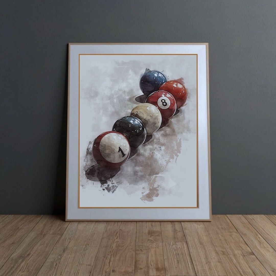 Vintage Retro Pool Table Hand, Drawn Print, Pool Balls, Trendy Wall Art ...