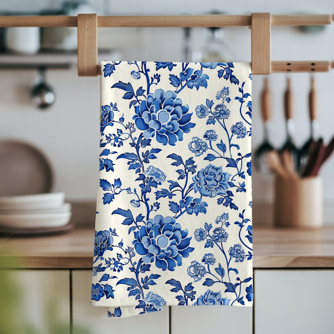 Blue Flower Toile Kitchen Towel Housewarming Gift for Women Cotton ...