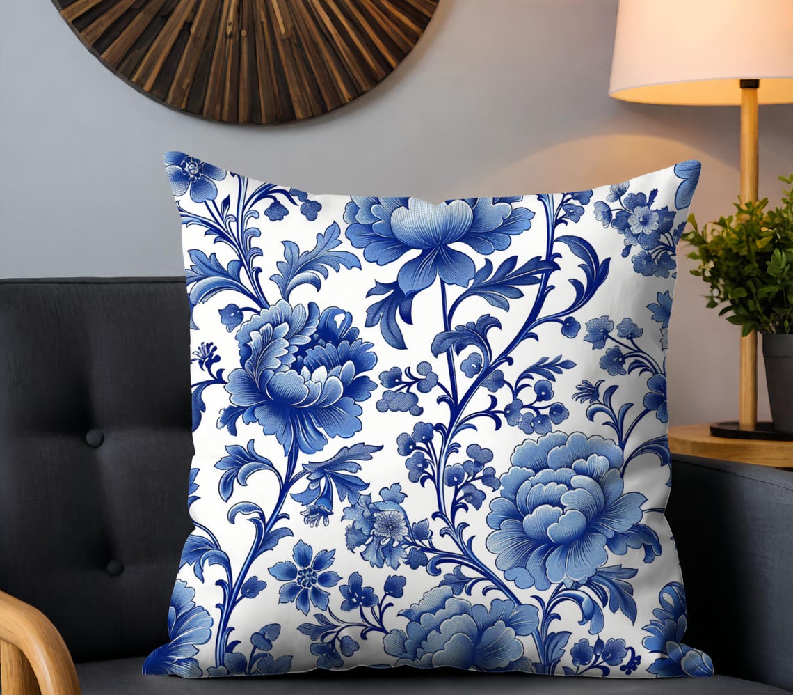 Blue Floral Pillow Toile Design Modern Style Coastal Theme Bedroom ...