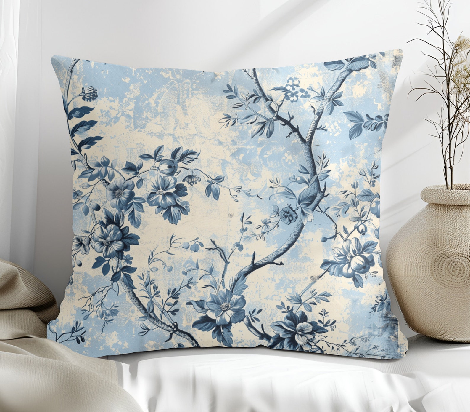 Blue French Toile Square Throw Pillow Housewarming Gift for Mom Cute ...