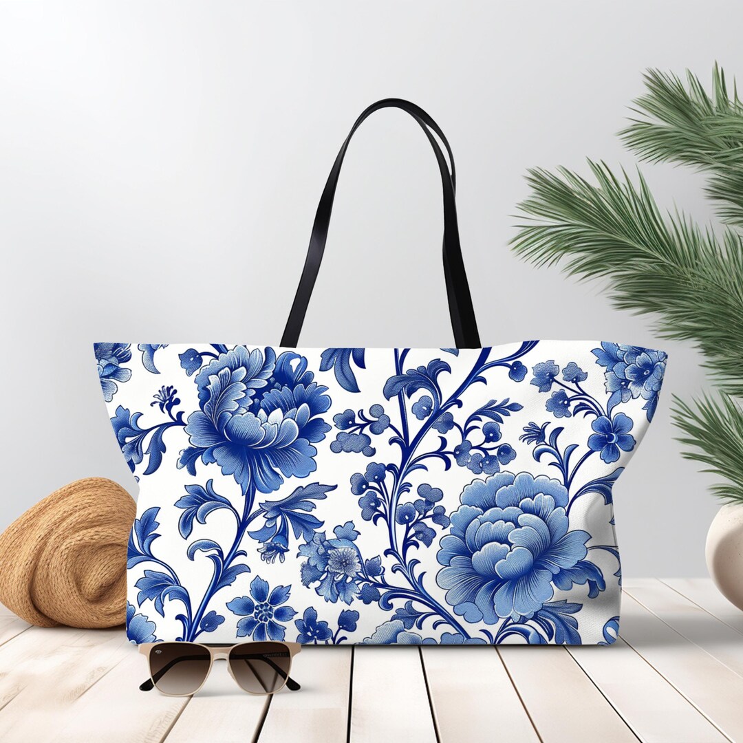 Toile Floral Pattern Tote Bag Weekender Chinoiserie Blue White Shopping ...
