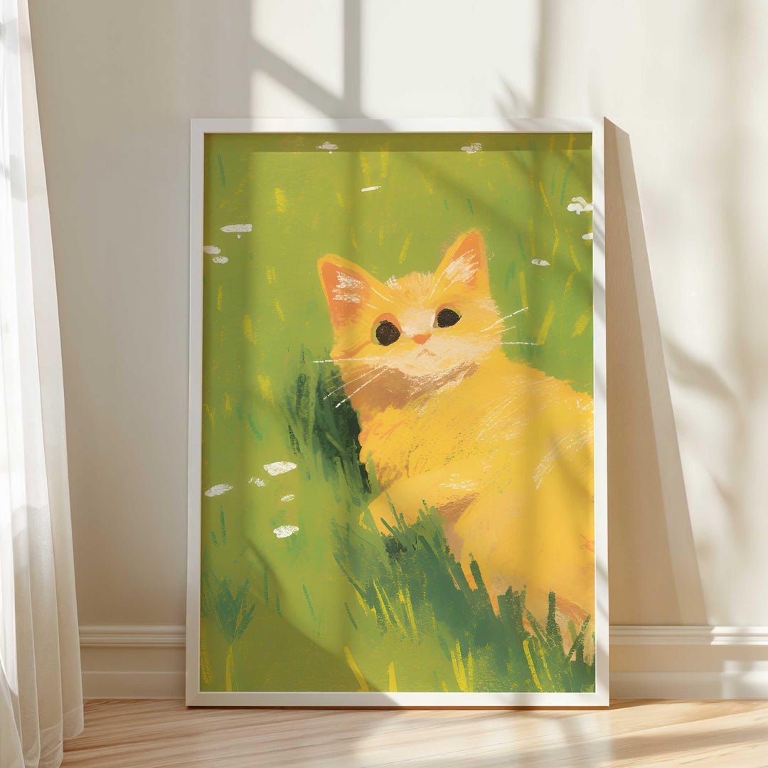 Whimsical Printable Cat Poster, Curious Cat Art, Soft Pastel Wall Decor ...