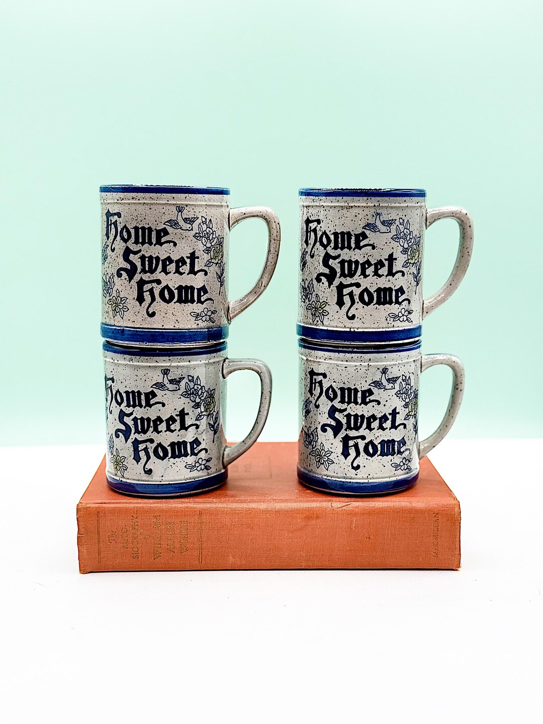 Vintage Cottage Core Mugs - 1970s Blue Speckled "home Sweet Home" Set ...