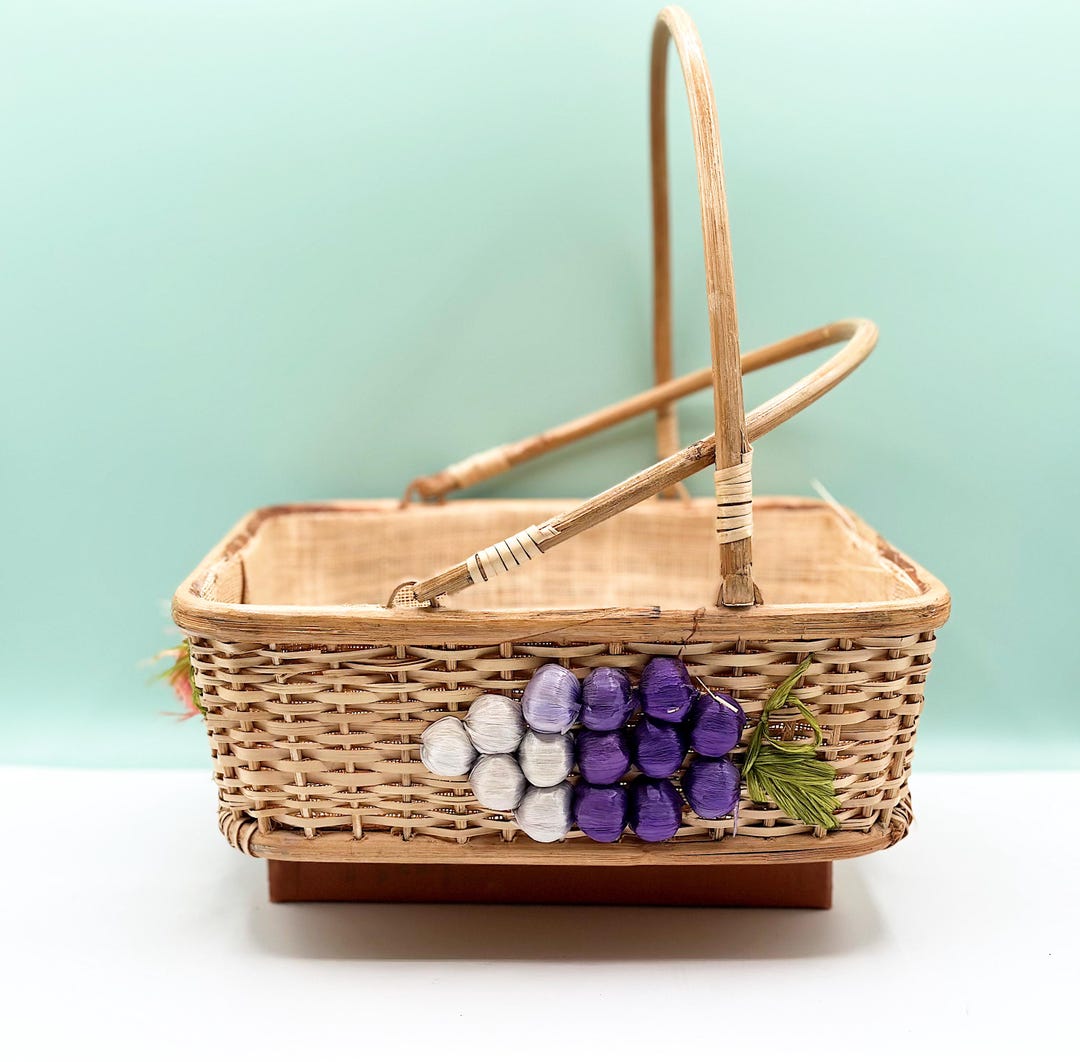 Vintage 70s Woven Raffia Basket: Fruit Design Decor - Etsy