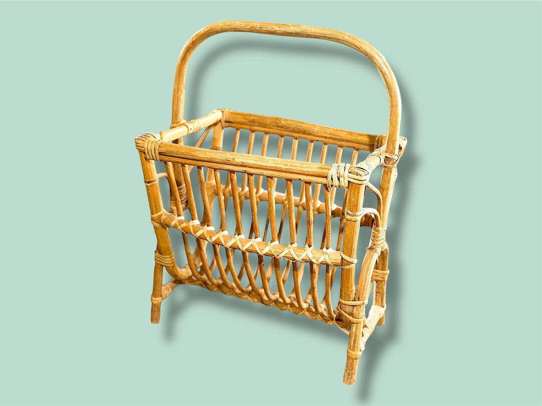 Vintage 1970s Retro Wicker Rattan Magazine Record Storage, Book Storage ...