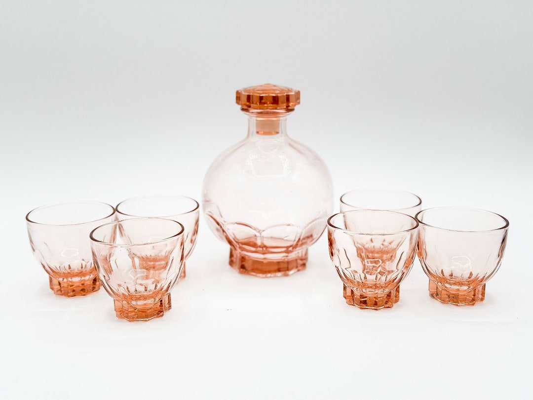 Vintage French Salmon Pink Decanter With 6 Matching Glasses, Retro ...