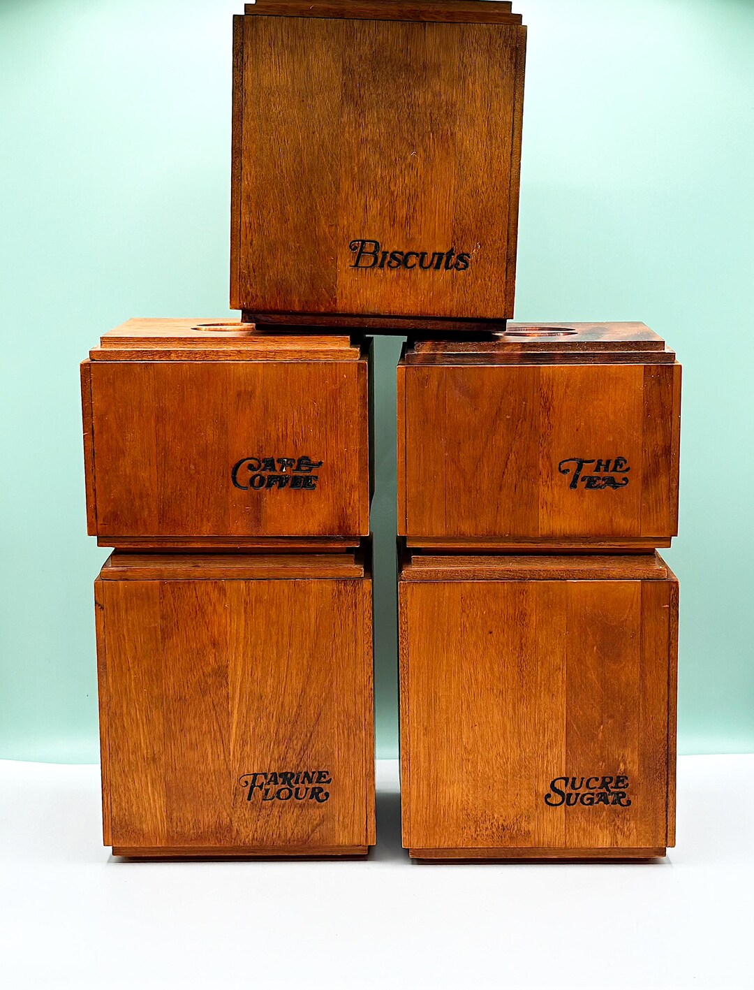 Vintage Set of 5 Maple Wood Kitchen Canisters, Cottage Core Home Decor ...