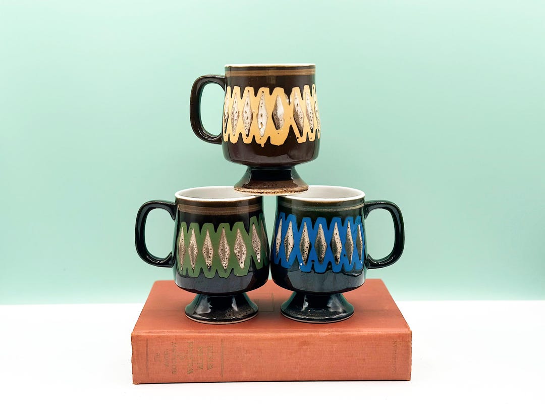 Vintage Set of 3 MCM Style Pedestal Mugs With Reactive Glaze Tribal ...