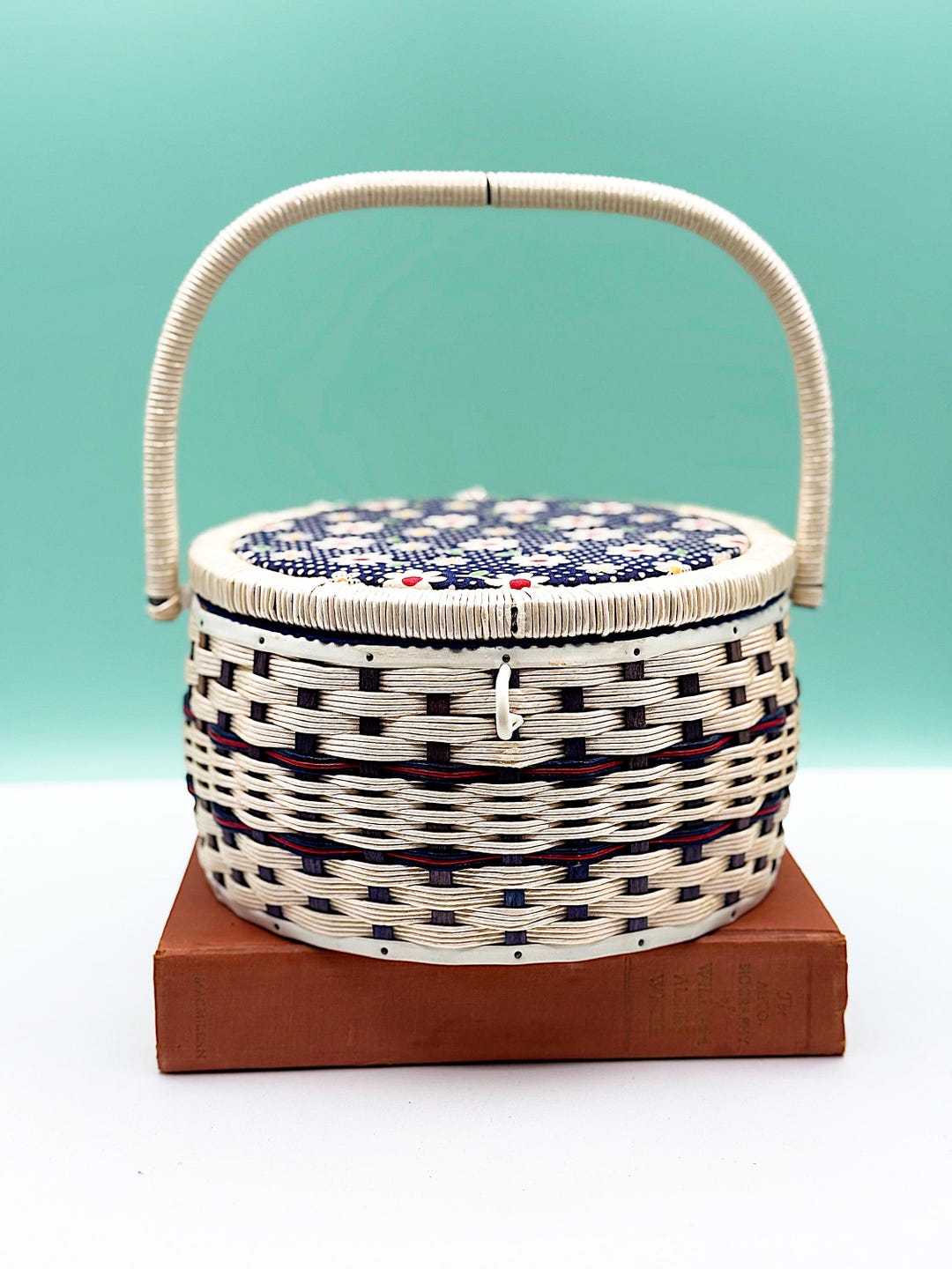 Vintage Cottagecore Sewing Basket: Blue Floral Pattern, Cobalt Interior ...