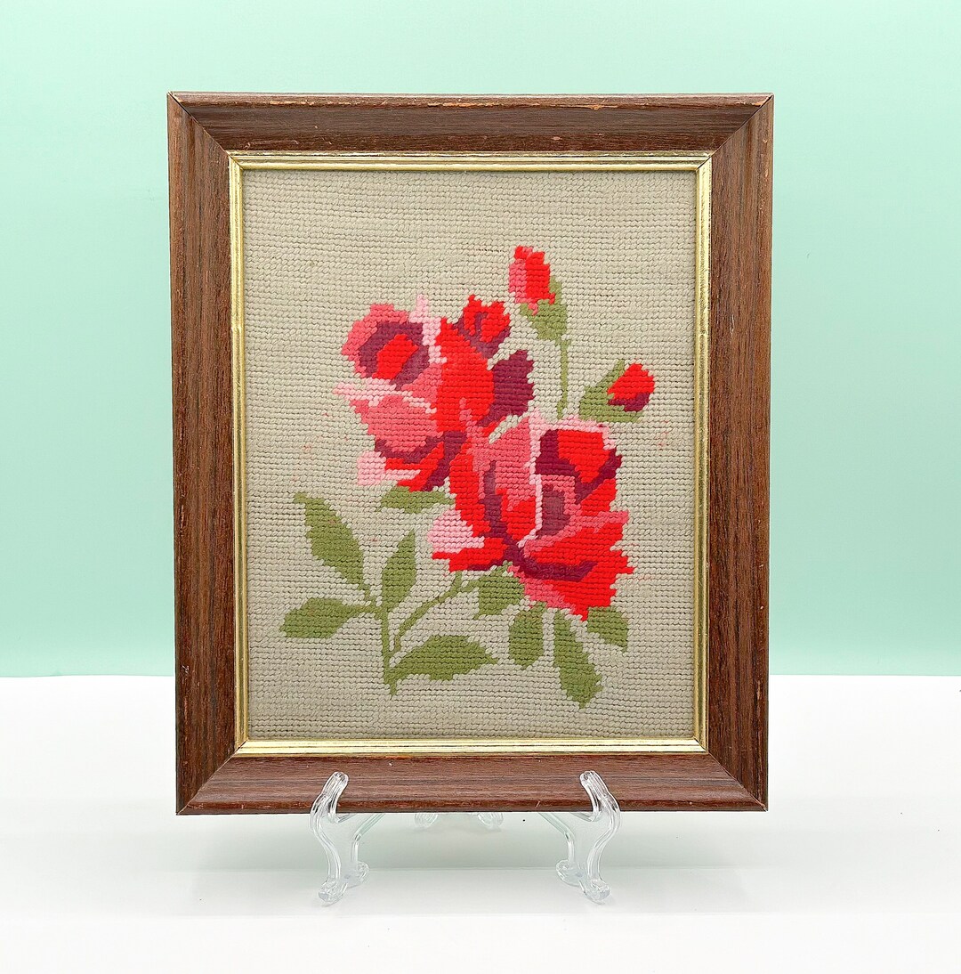 Vintage Flower Bouquet Needlepoint Wall Art, Vintage Wall Art, Vintage ...