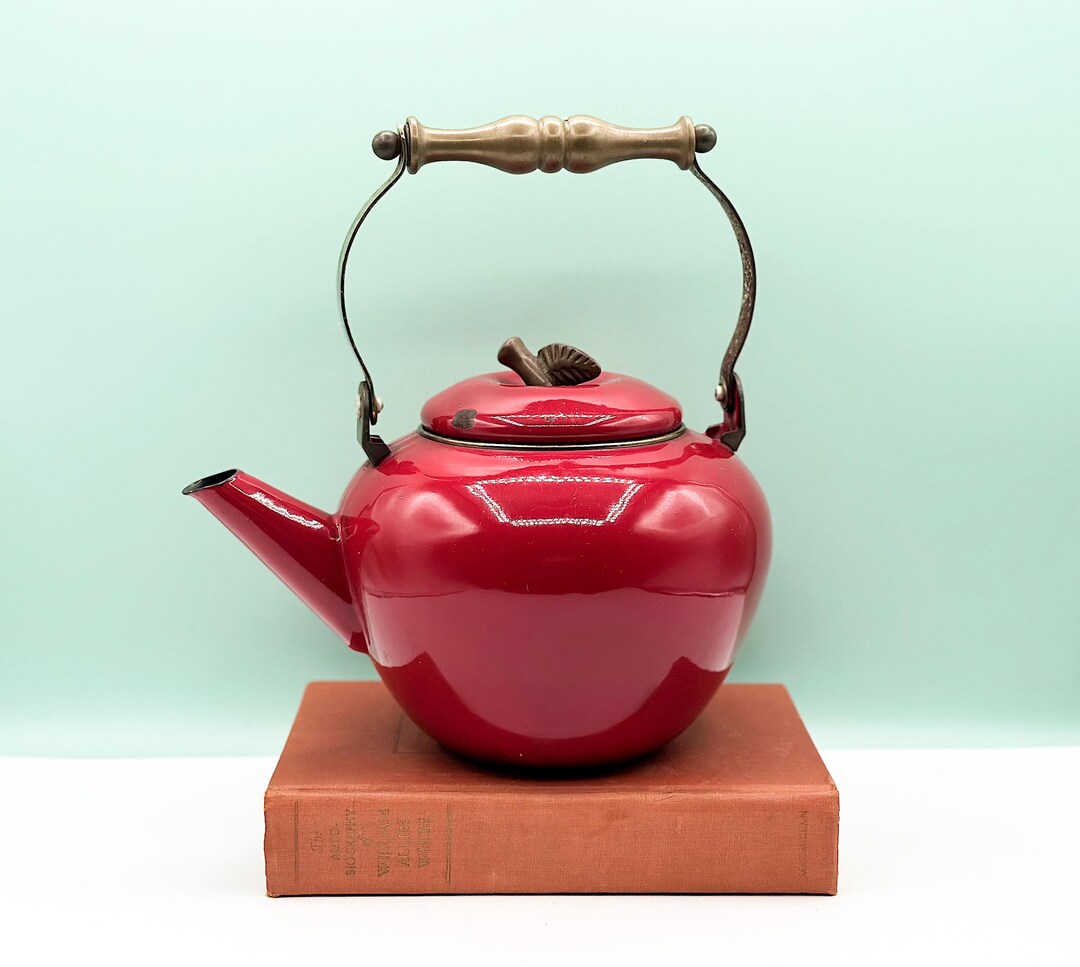 Vintage Decorative Red Enamel Apple Themed Tea Kettle or Teapot With ...