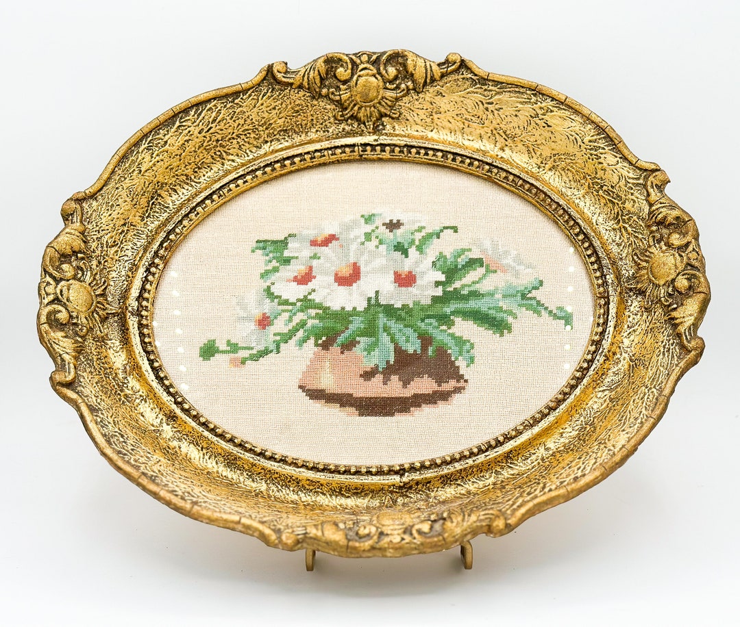 Vintage Framed Еmbroidered Tapestry, Hand-embroidered Flowers Oval - Etsy