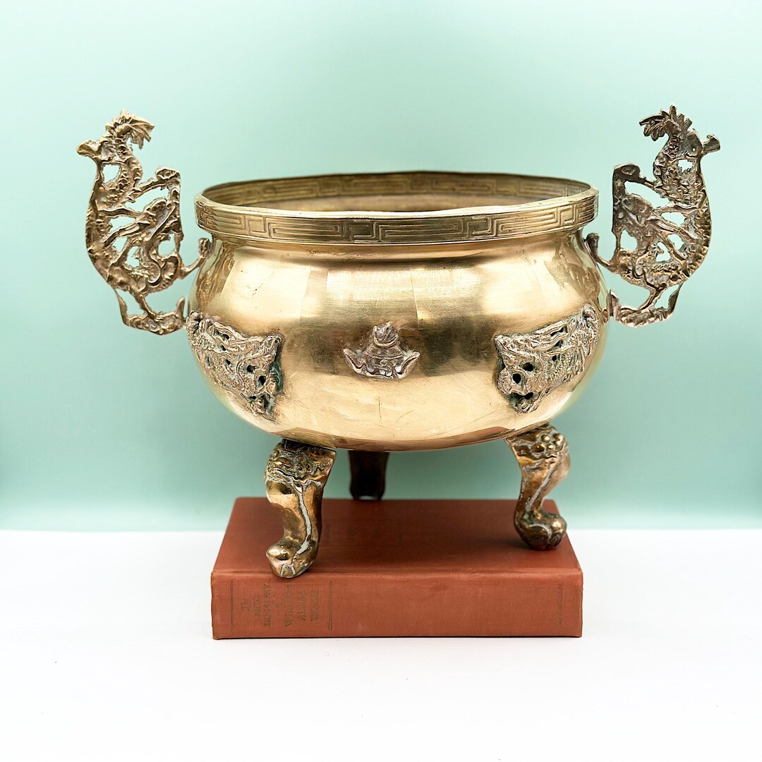 Vintage Solid Brass Ornate Dragon Jardiniere, Brass Planter, Large ...