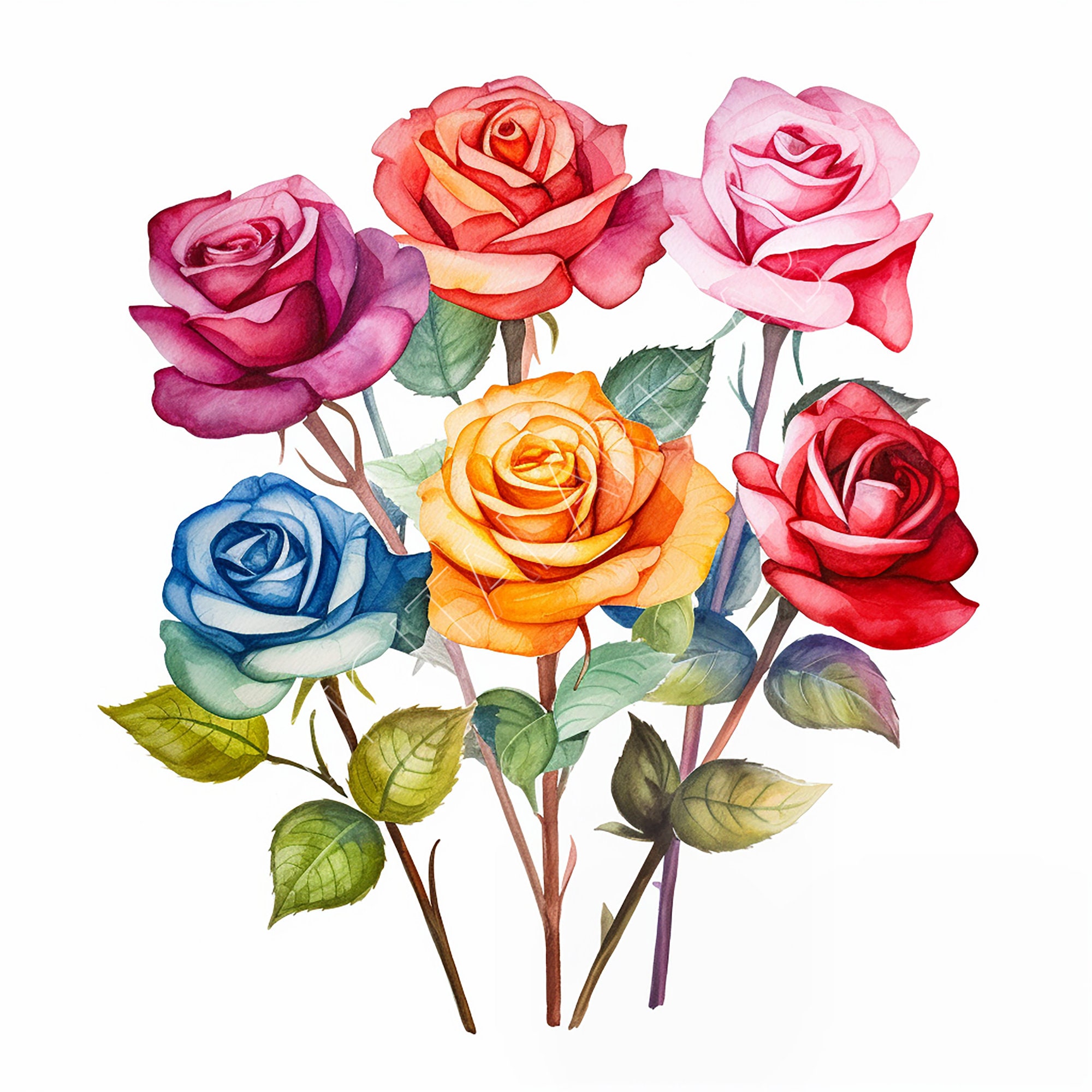 Colored Roses Clipart, Printable Wall Art, Valentine's Prints, Digital ...