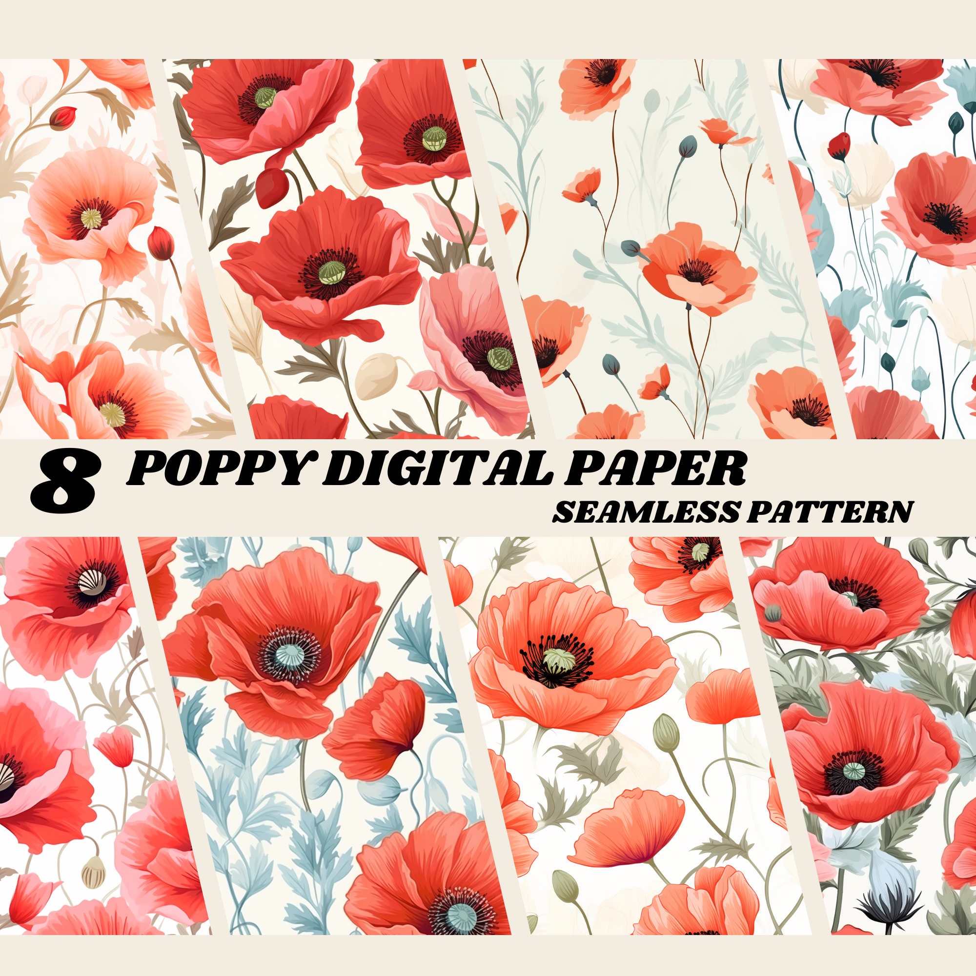 Digital Paper Clipart, Printable Wallpaper , Poppies Prints, Digital ...