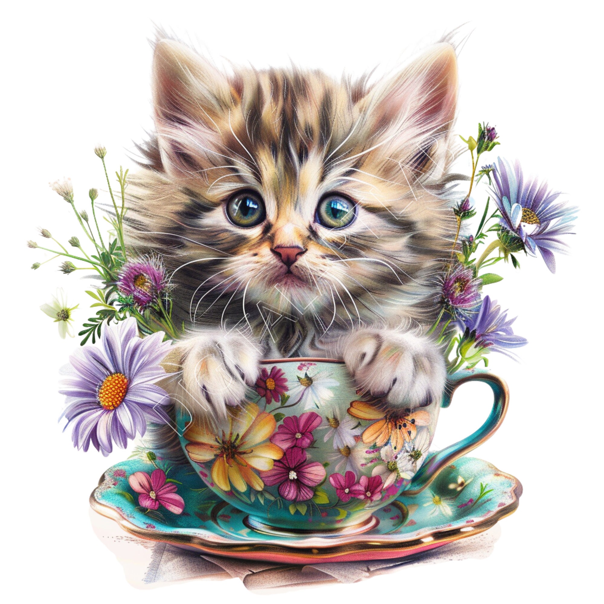 Kitten in Teacup Clipart, Lovely Kitten in Teacup, Animal Prints ...