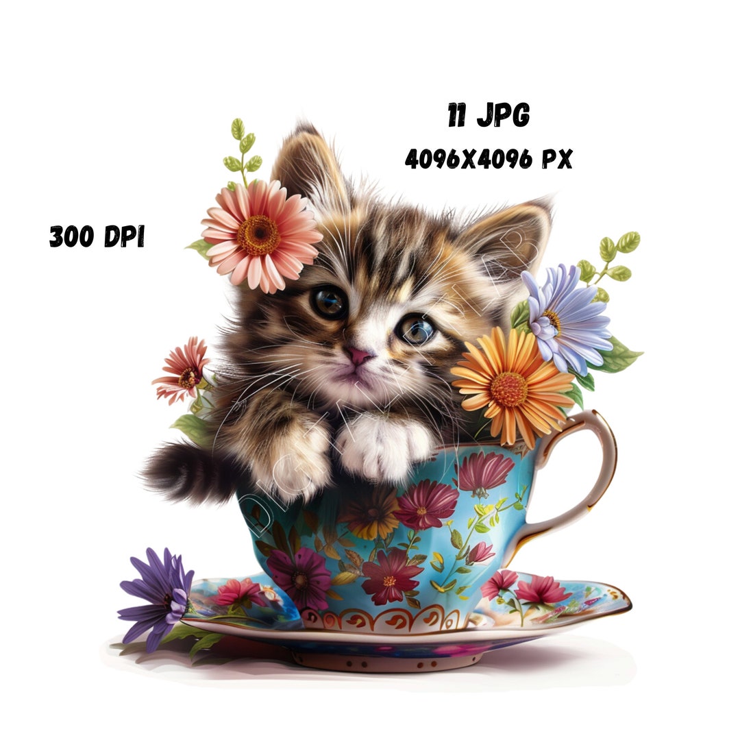 Kitten in Teacup Clipart, Lovely Kitten in Teacup, Animal Prints ...