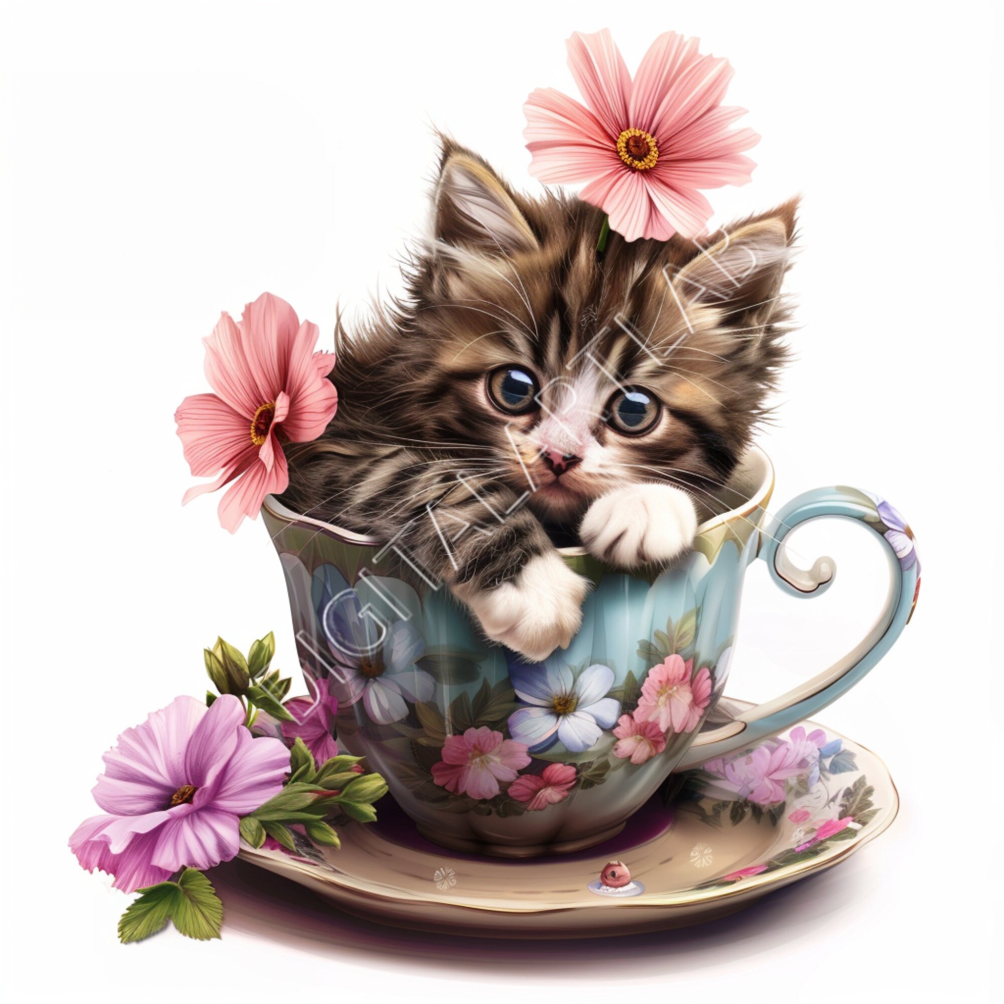 Kitten in Teacup Clipart, Lovely Kitten in Teacup, Animal Prints ...