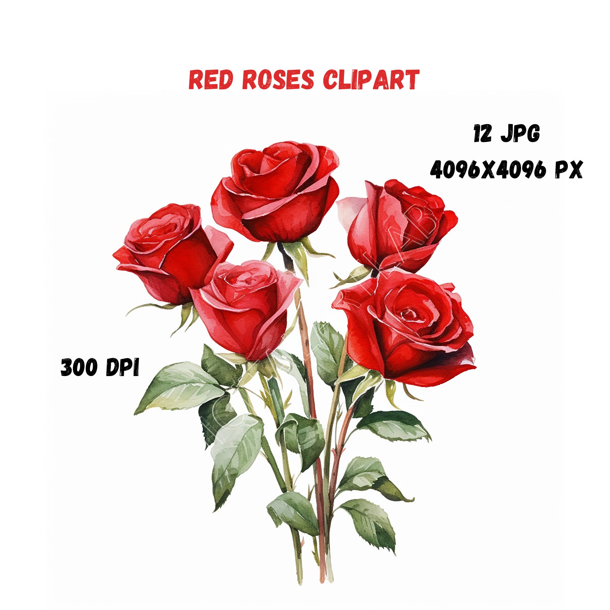 Red Roses Clipart, Printable Wall Art, Valentine's Prints, Digital Red ...
