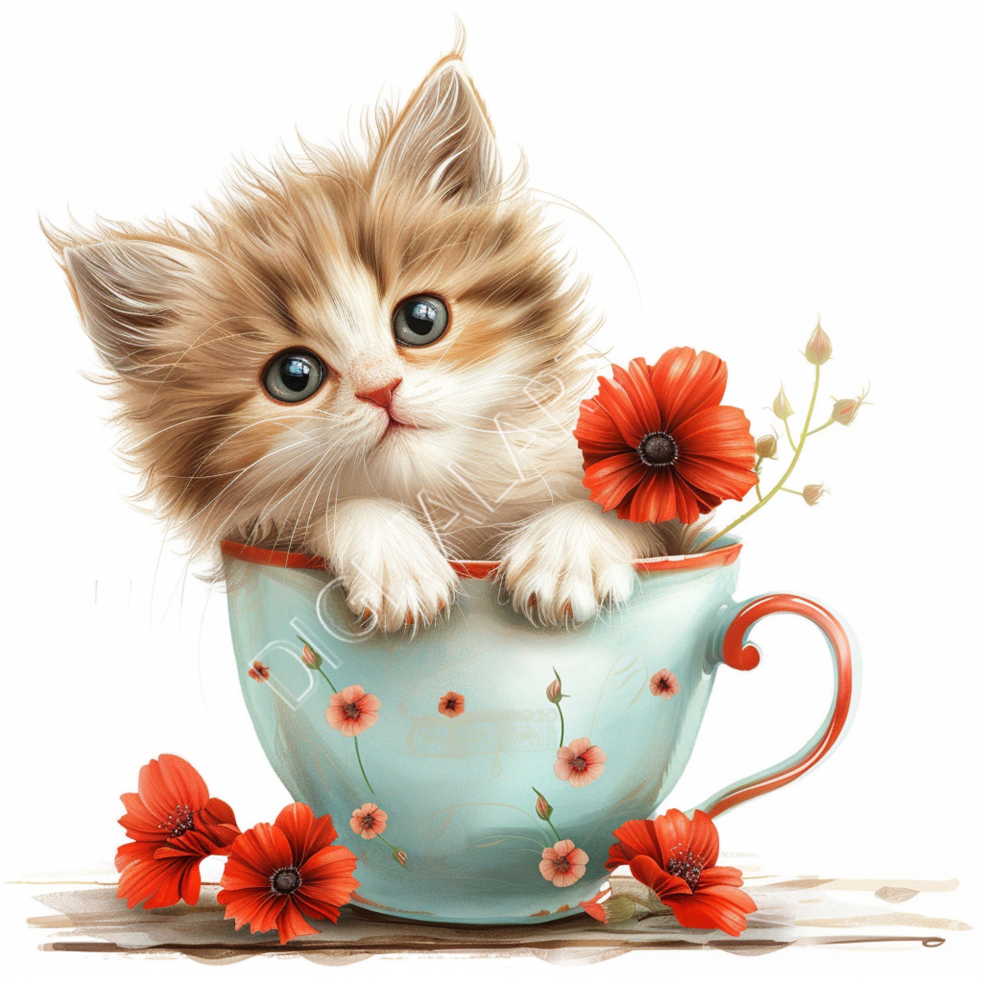 Kitten in Teacup Clipart, Lovely Kitten in Teacup, Animal Prints ...