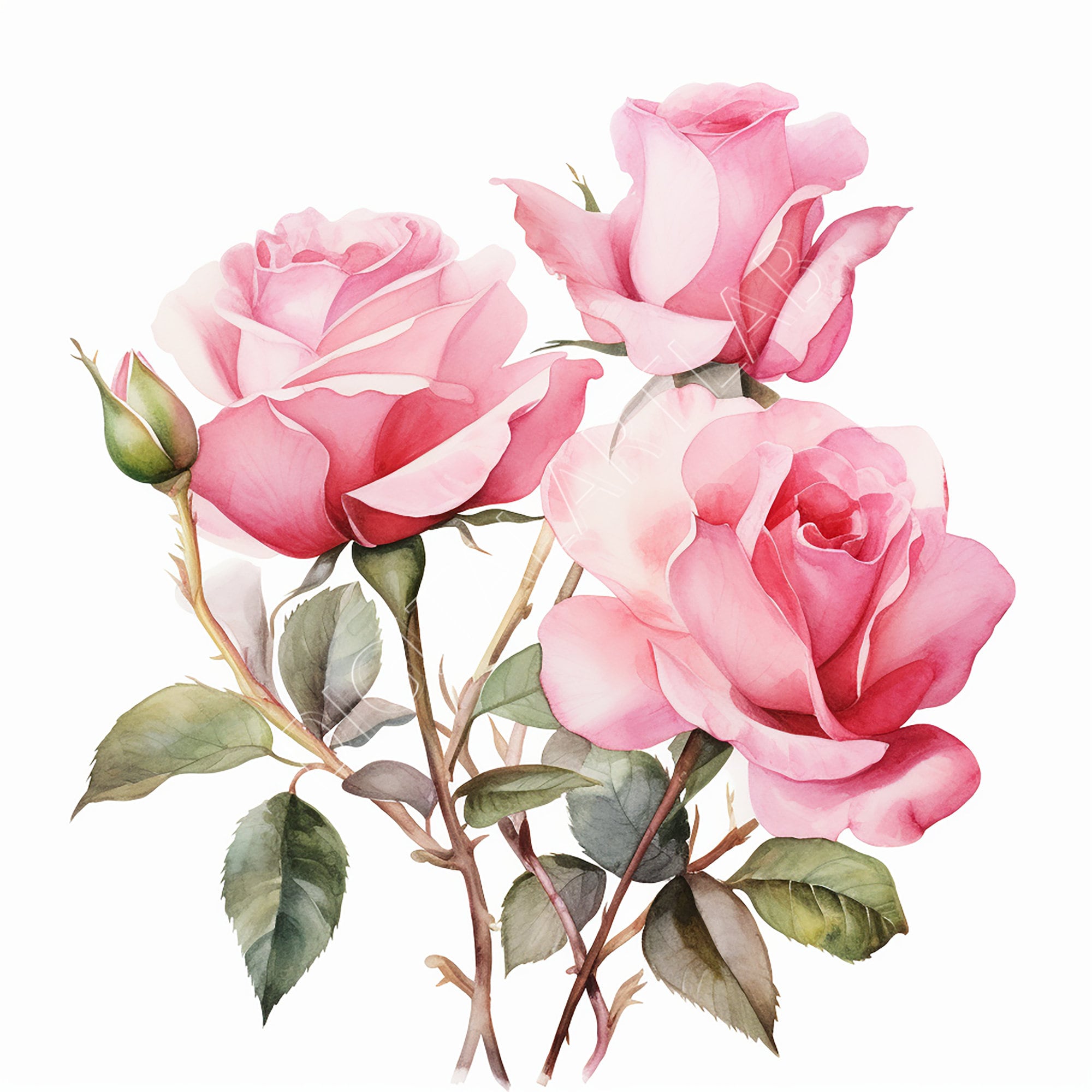 Pink Roses Watercolor Clipart, Printable Wall Art, Valentine's Day ...