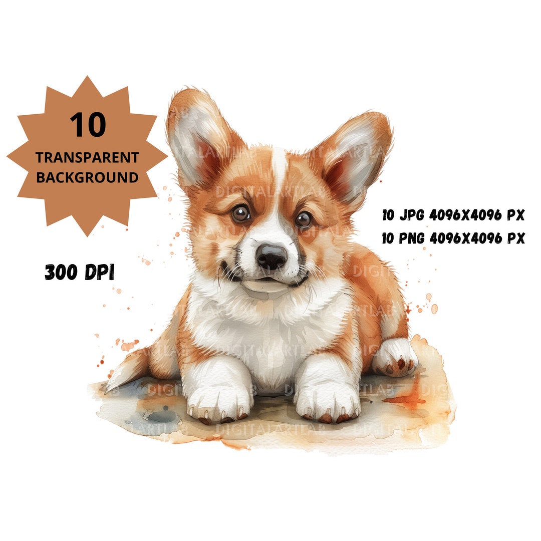 Corgi Puppy Clipart, Animal Prints, Baby Animals Clipart, Watercolor ...