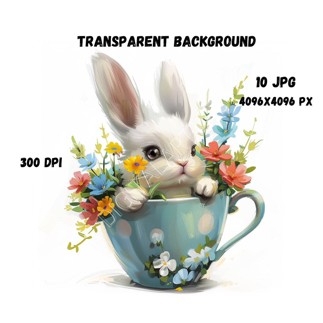 Baby Bunny in Teacup Transparent Background, Animal Prints, Digital ...