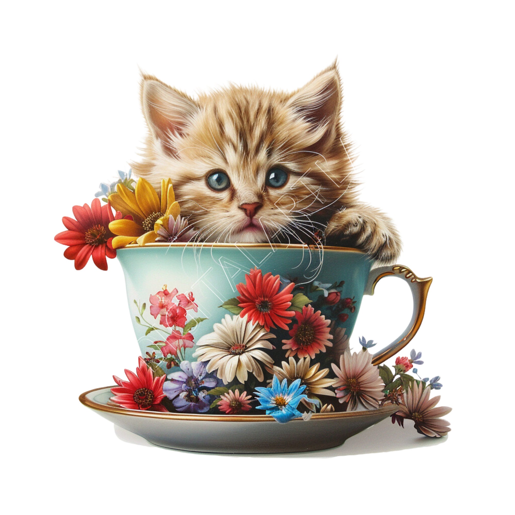 Kitten in Teacup Clipart, Lovely Kitten in Teacup, Animal Prints ...