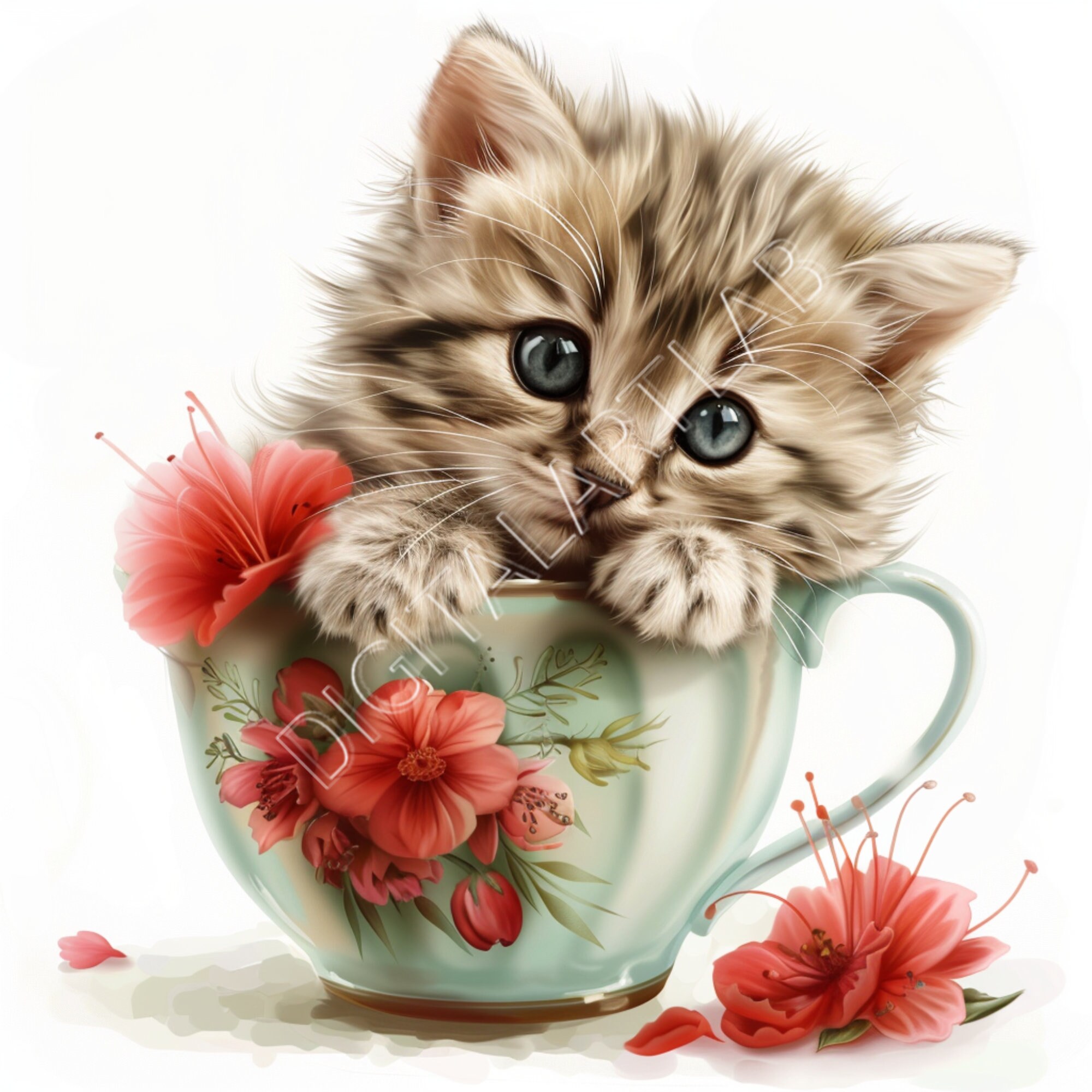 Kitten in Teacup Clipart, Lovely Kitten in Teacup, Animal Prints ...