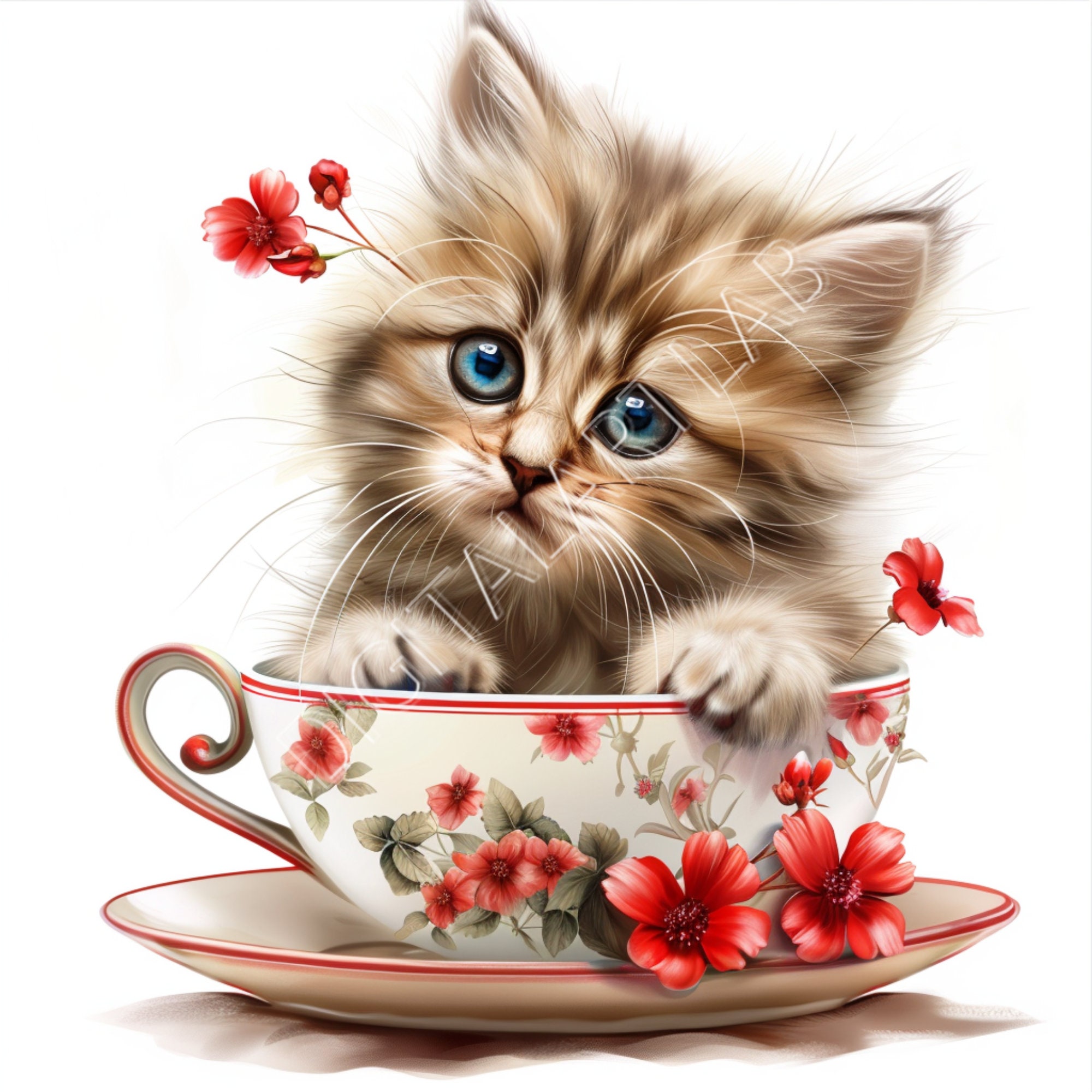 Kitten in Teacup Clipart, Lovely Kitten in Teacup, Animal Prints ...