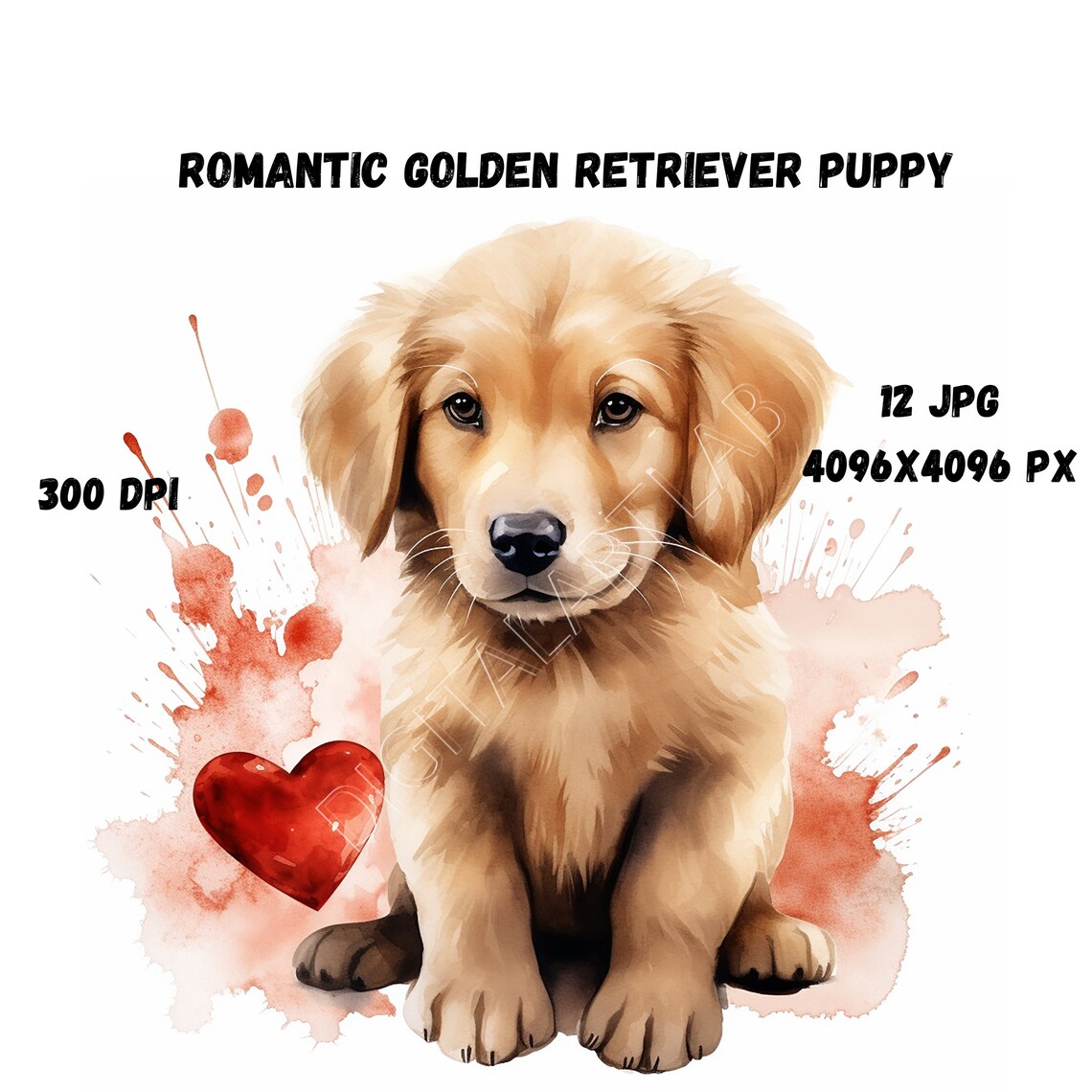Romantic Golden Retriever Clipart, Animal Prints, Puppy Dog Digital ...