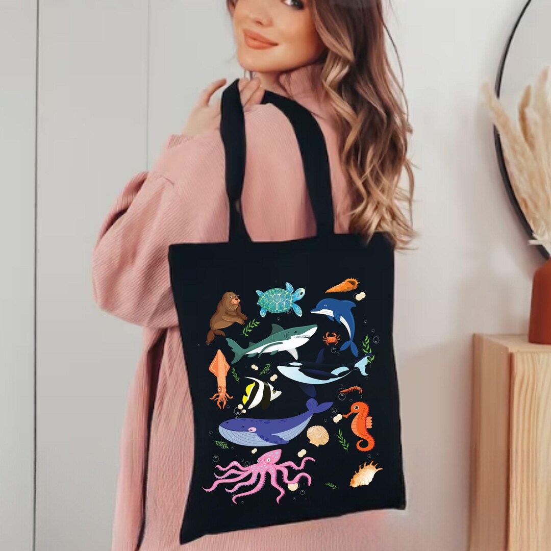 Sea Life Tote Bag | Shark Fish Aquatic Life Canvas Tote Bags - Etsy