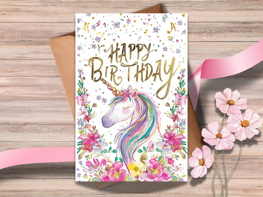 Printable Birthday Card, Unicorn Birthday Card, Girls Happy Birthday ...
