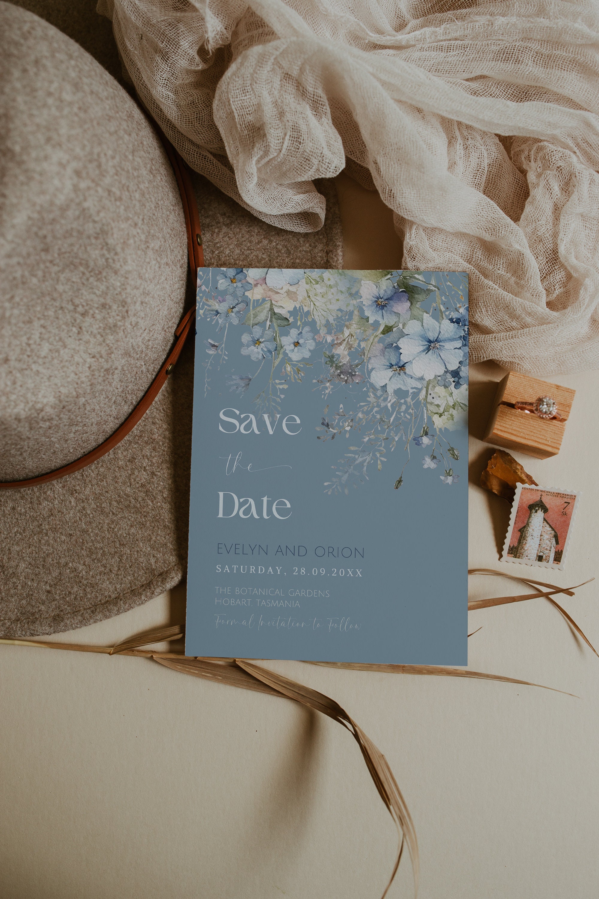 Dusty Blue Save the Date Cards Template, Photo Floral Steel Blue Save ...