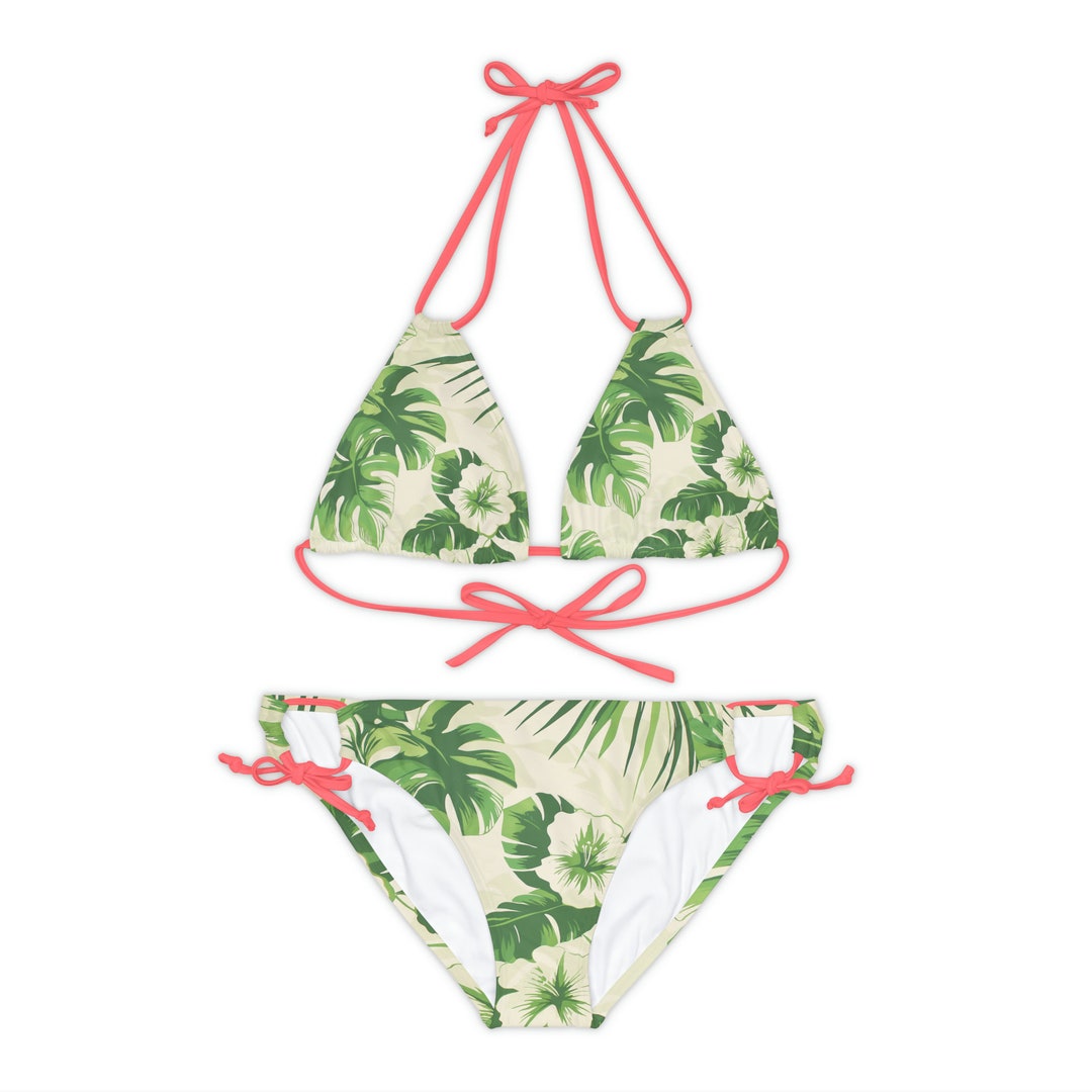 Strappy Bikini Set Green off White Floral Pattern Pink Straps - Etsy