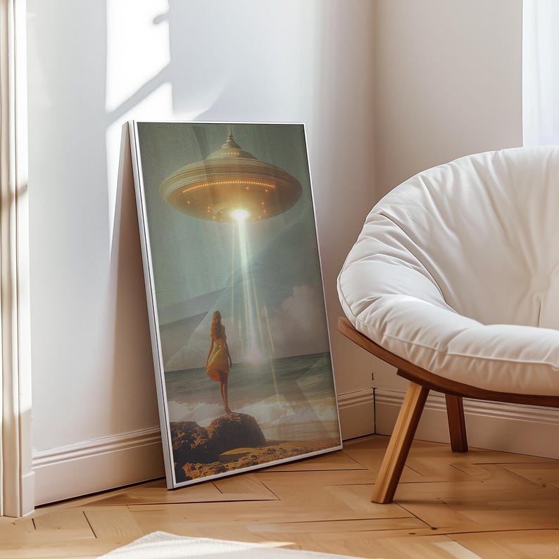 Retro UFO Abduction Poster | Surreal Beach Wall Art (printable) - Etsy