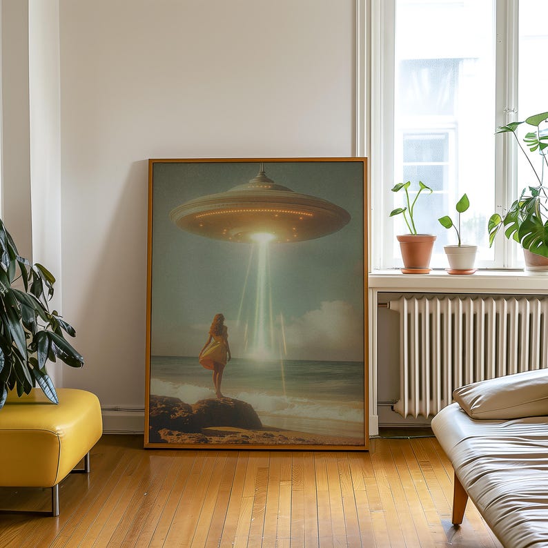 Retro UFO Abduction Poster | Surreal Beach Wall Art (printable) - Etsy