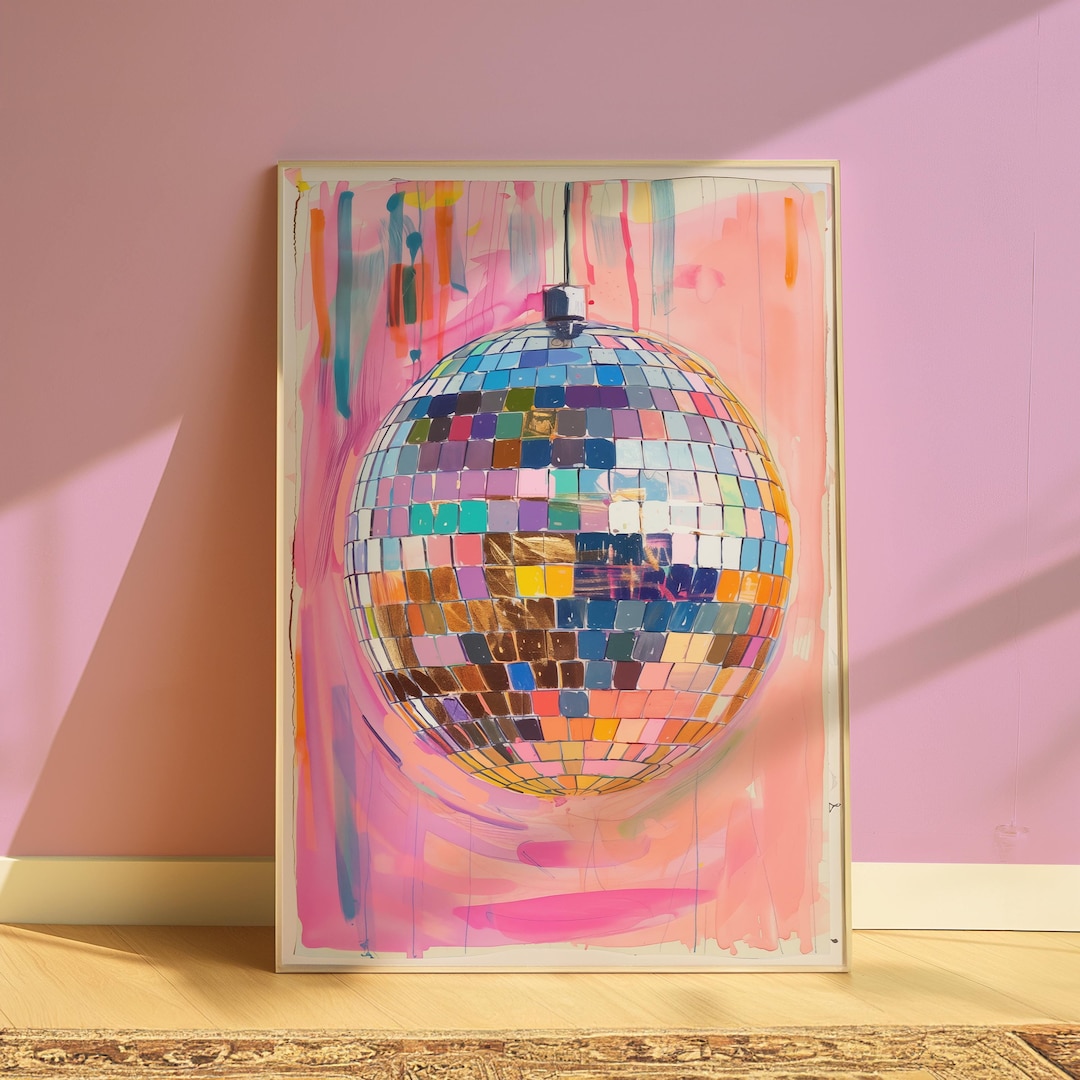 Hand Drawn Disco Ball Painting Printable Wall Art for Home Decor Pink ...