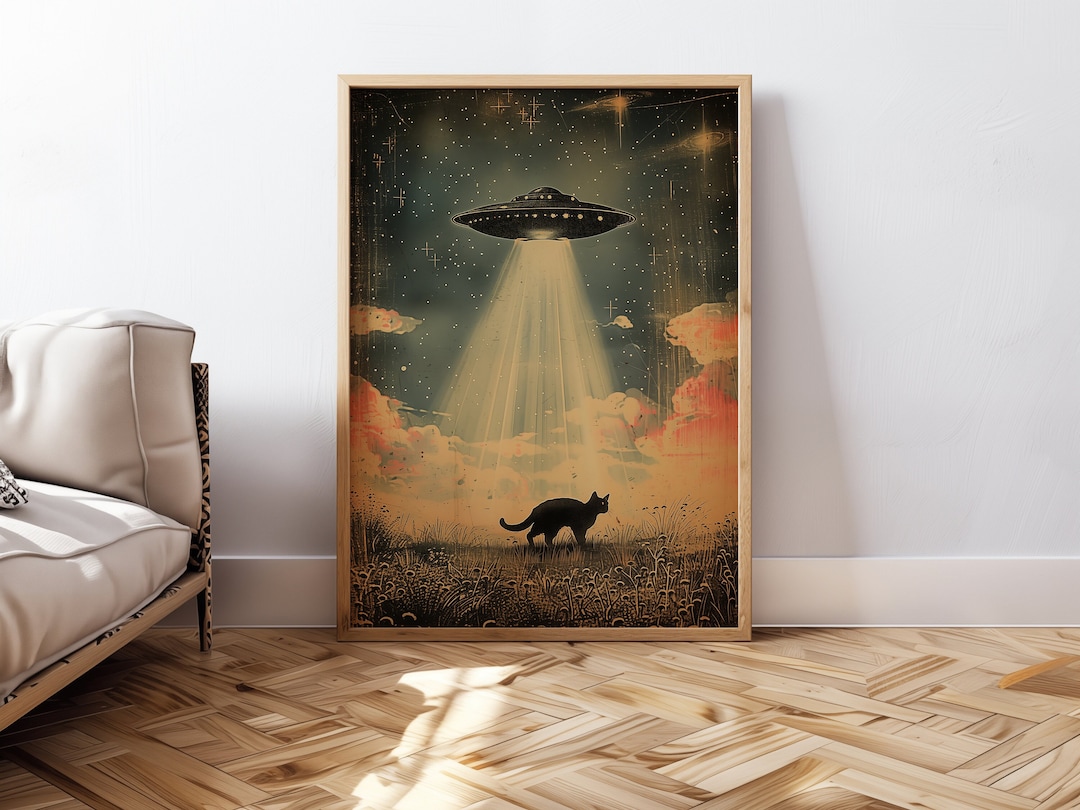 Retro UFO Poster Alien Wall Art Cat Poster Printable Flying Saucer ...