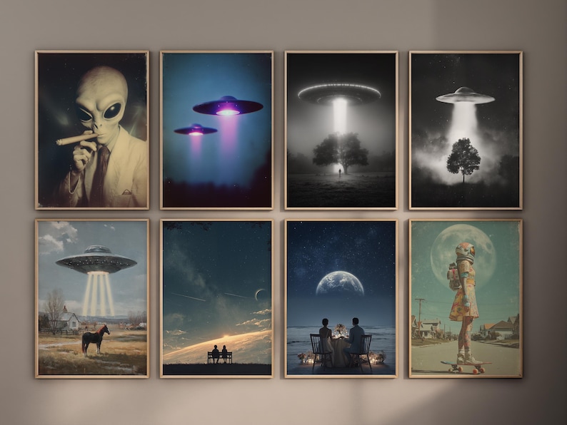 100 UFO Wall Art Gallery Set Surreal Prints Space Wall Print for Office ...