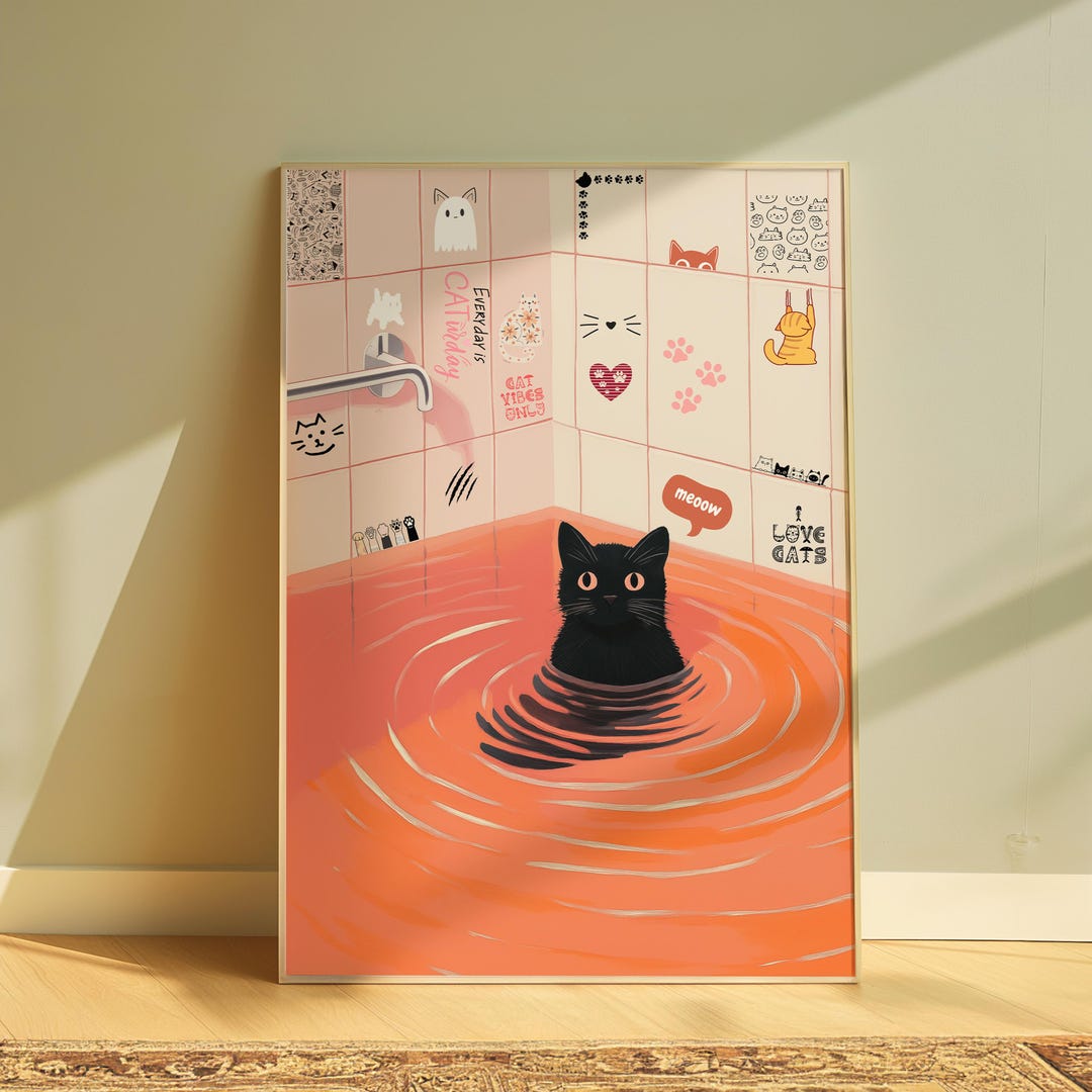 Retro Cat Wall Print Bathroom Printable Funny Cat Poster for Wall Decor ...