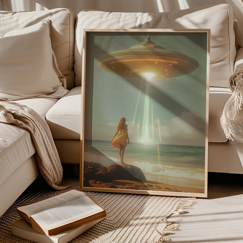 Retro UFO Abduction Poster | Surreal Beach Wall Art (printable) - Etsy