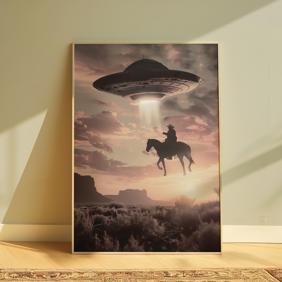 Cowboy Alien Abduction Art Print, Retro UFO Poster (digital Download ...