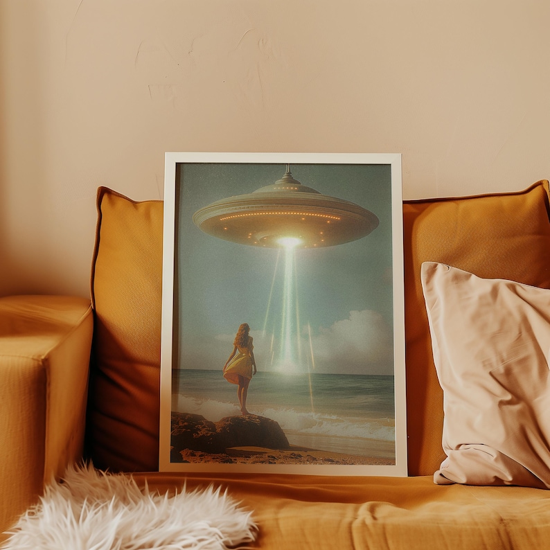 Retro UFO Abduction Poster | Surreal Beach Wall Art (printable) - Etsy