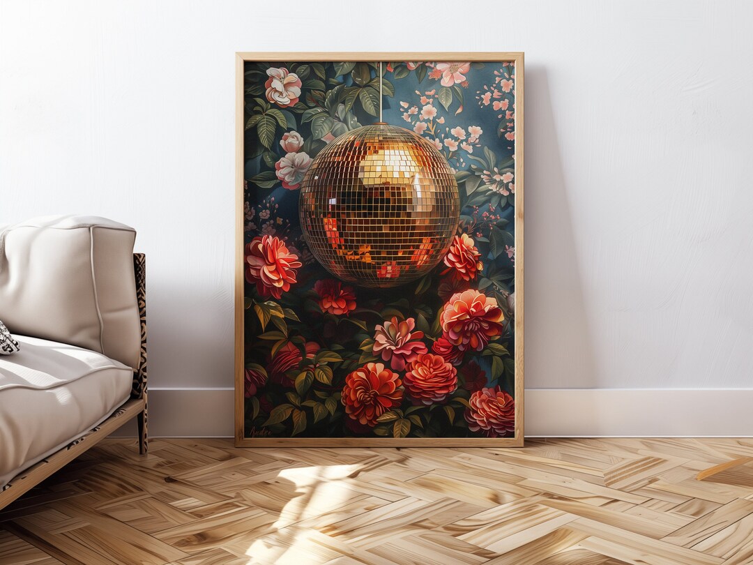 Botanical Wall Art Disco Ball Poster Vintage Print Disco Painting Retro ...