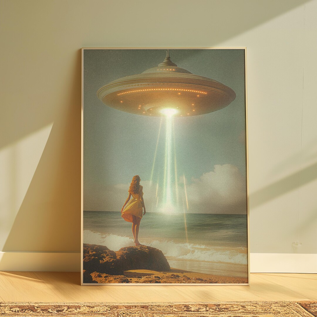 Retro UFO Abduction Poster | Surreal Beach Wall Art (printable) - Etsy