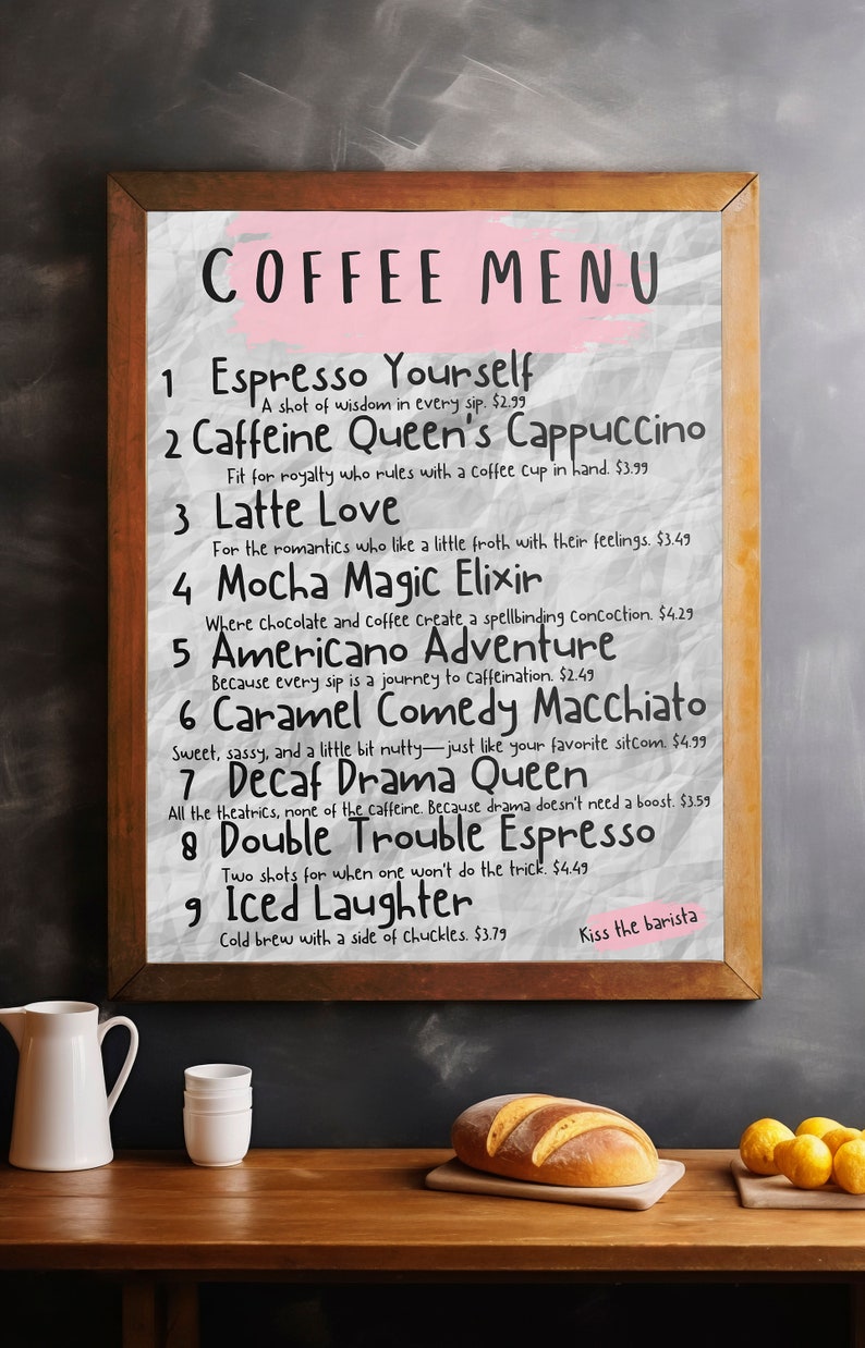 Funny Coffee Menu Poster, Coffee Bar Wall Art, Aesthetic Kitchen Decor ...