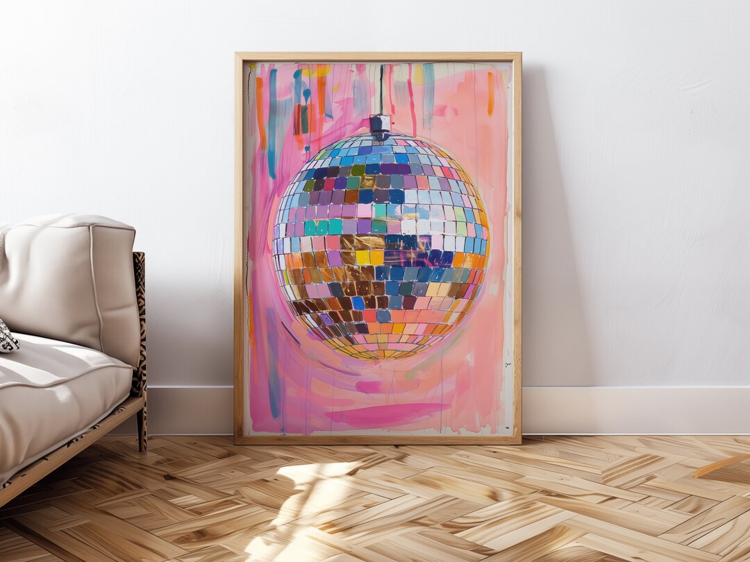 Hand Drawn Disco Ball Painting Printable Wall Art for Home Decor Pink ...