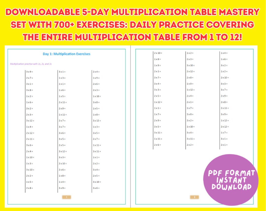 Downloadable 5-day Multiplication Table Mastery Set With 700 Exercises ...